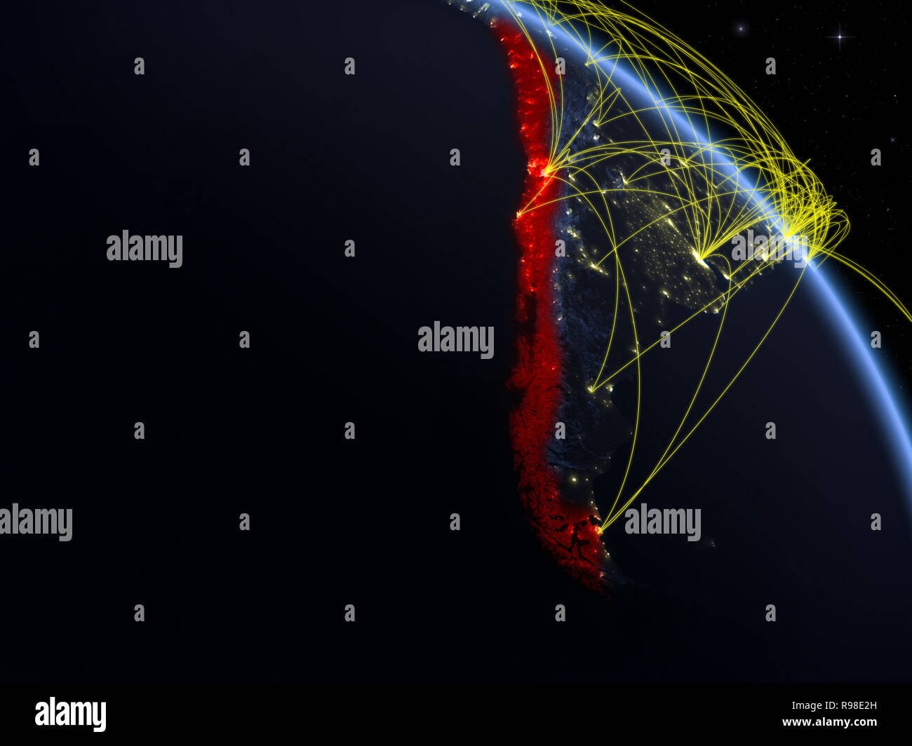Chile from space on model of planet Earth at night with network ...