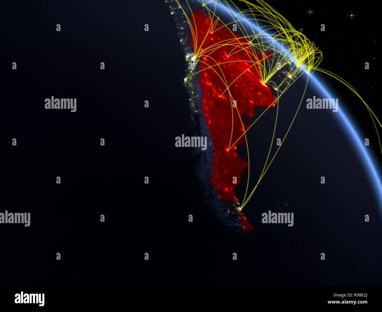 Argentina from space on model of planet Earth at night with network ...