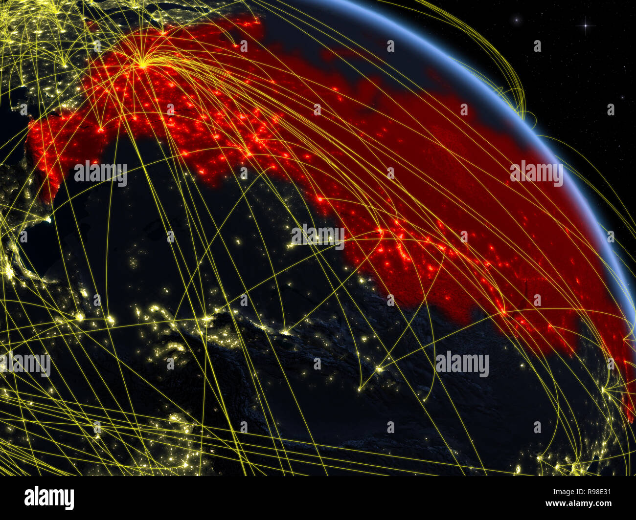 Russia from space on model of planet Earth at night with network ...