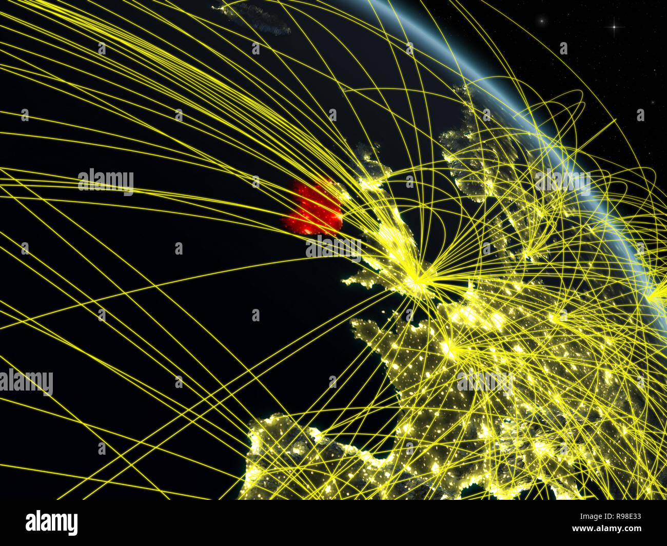 Ireland from space on model of planet Earth at night with network ...
