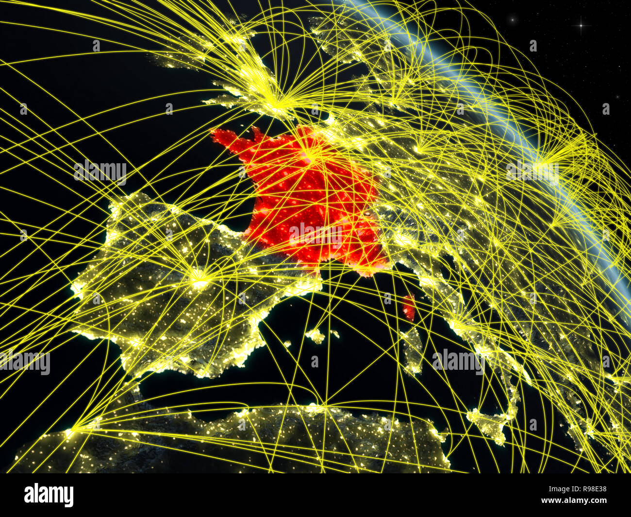 France from space on model of planet Earth at night with network ...