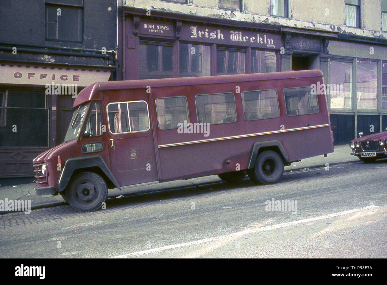 Minibus outside Irish Weekly Office, Glasgow 1970 approx Stock Photo ...