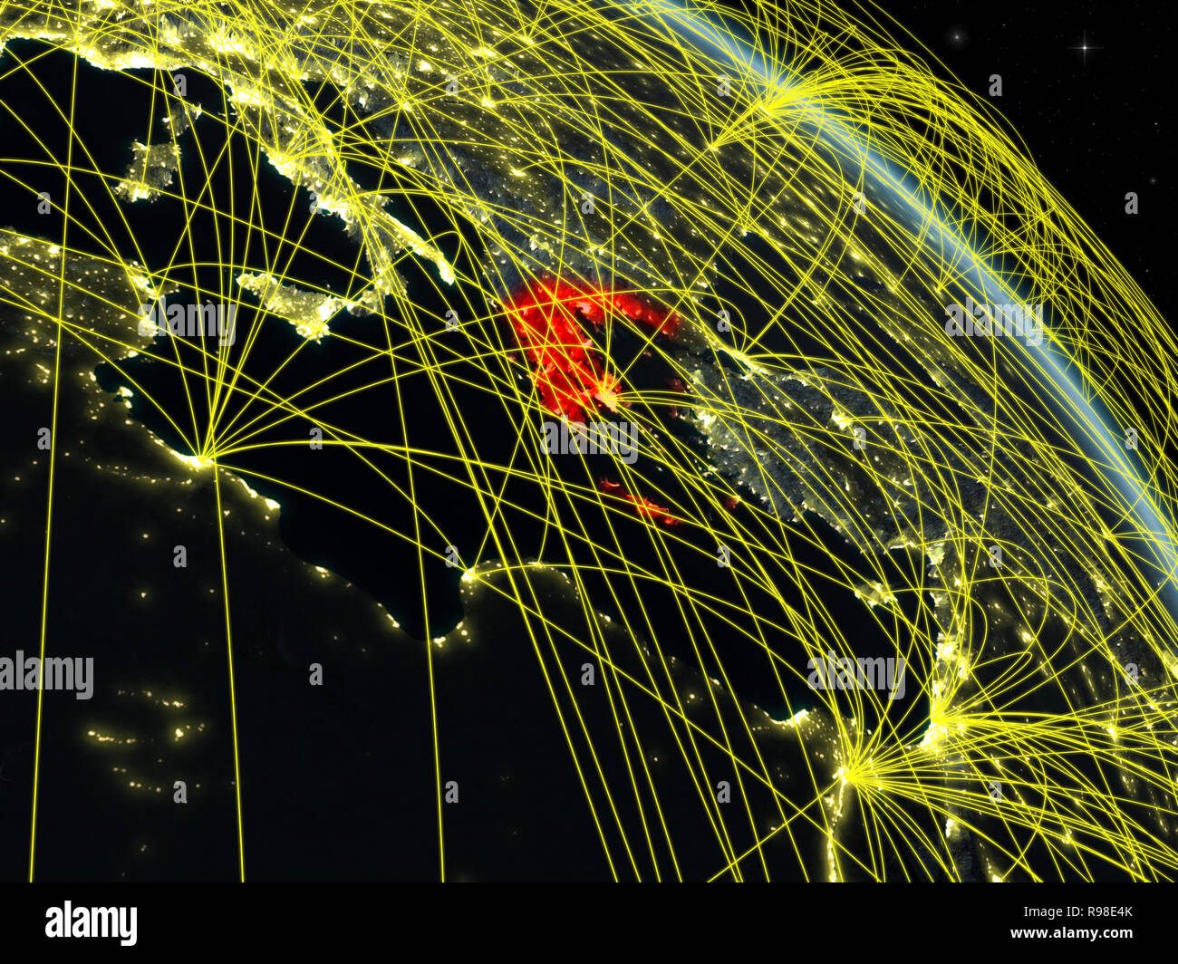 Greece from space on model of planet Earth at night with network ...