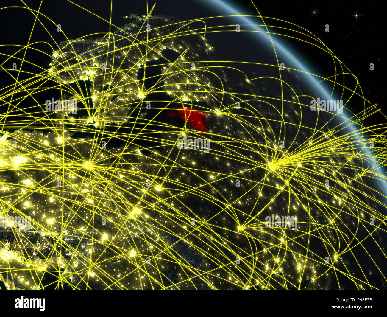 Estonia from space on model of planet Earth at night with network ...