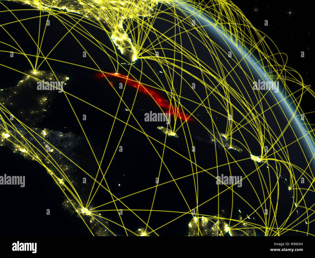 Cuba from space on model of planet Earth at night with network. Concept ...