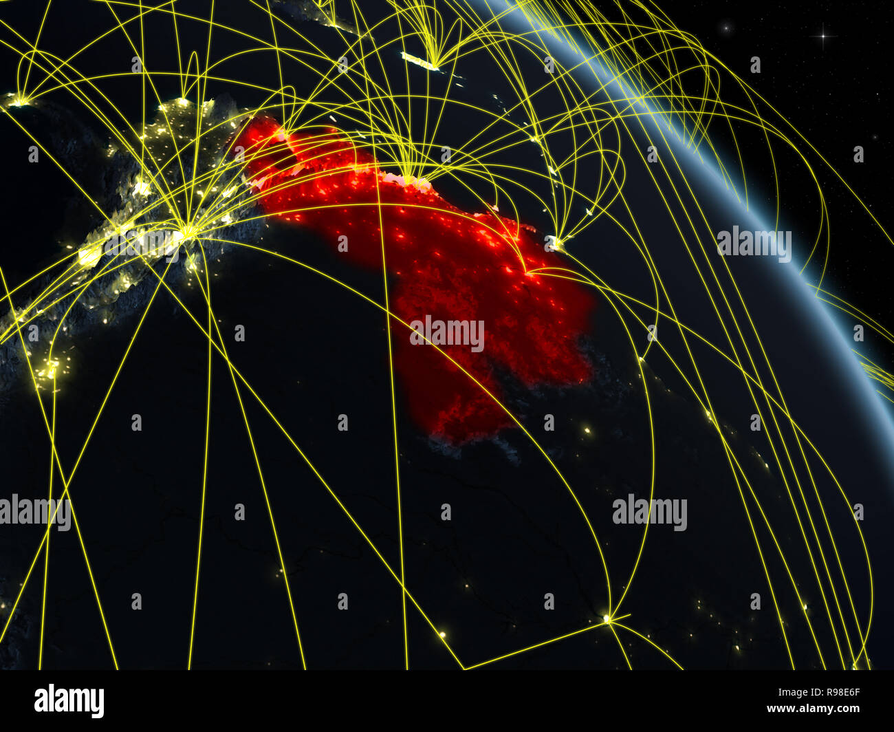 Venezuela from space on model of planet Earth at night with network ...