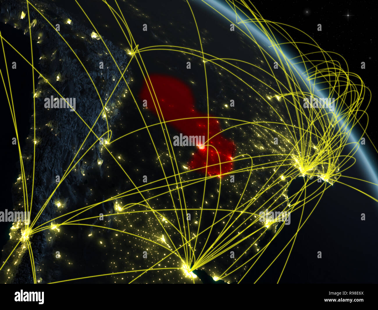Paraguay from space on model of planet Earth at night with network ...