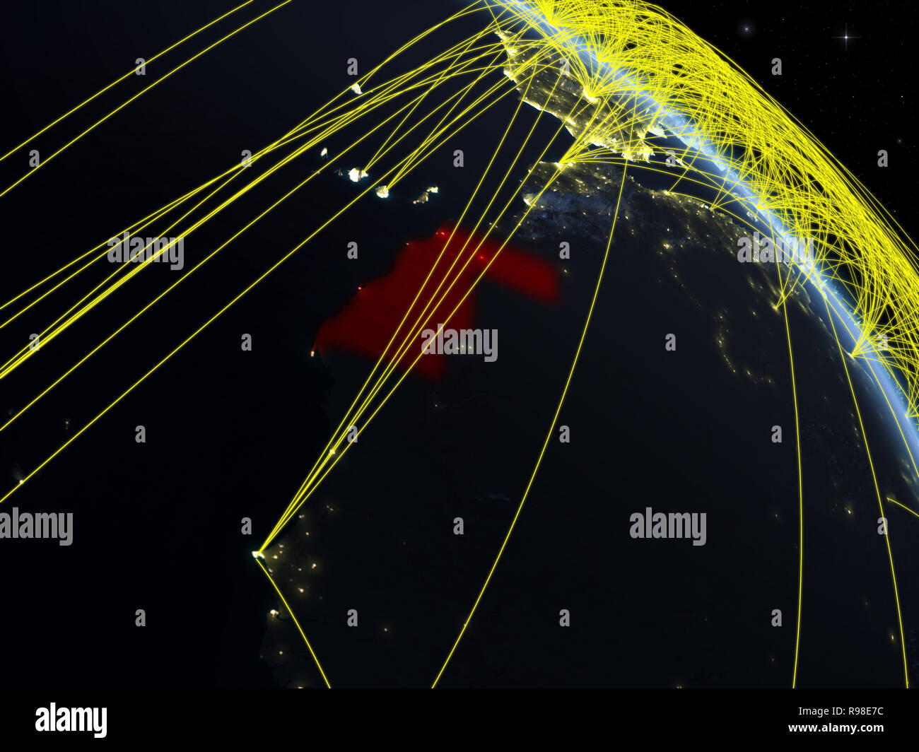 Western Sahara from space on model of planet Earth at night with ...