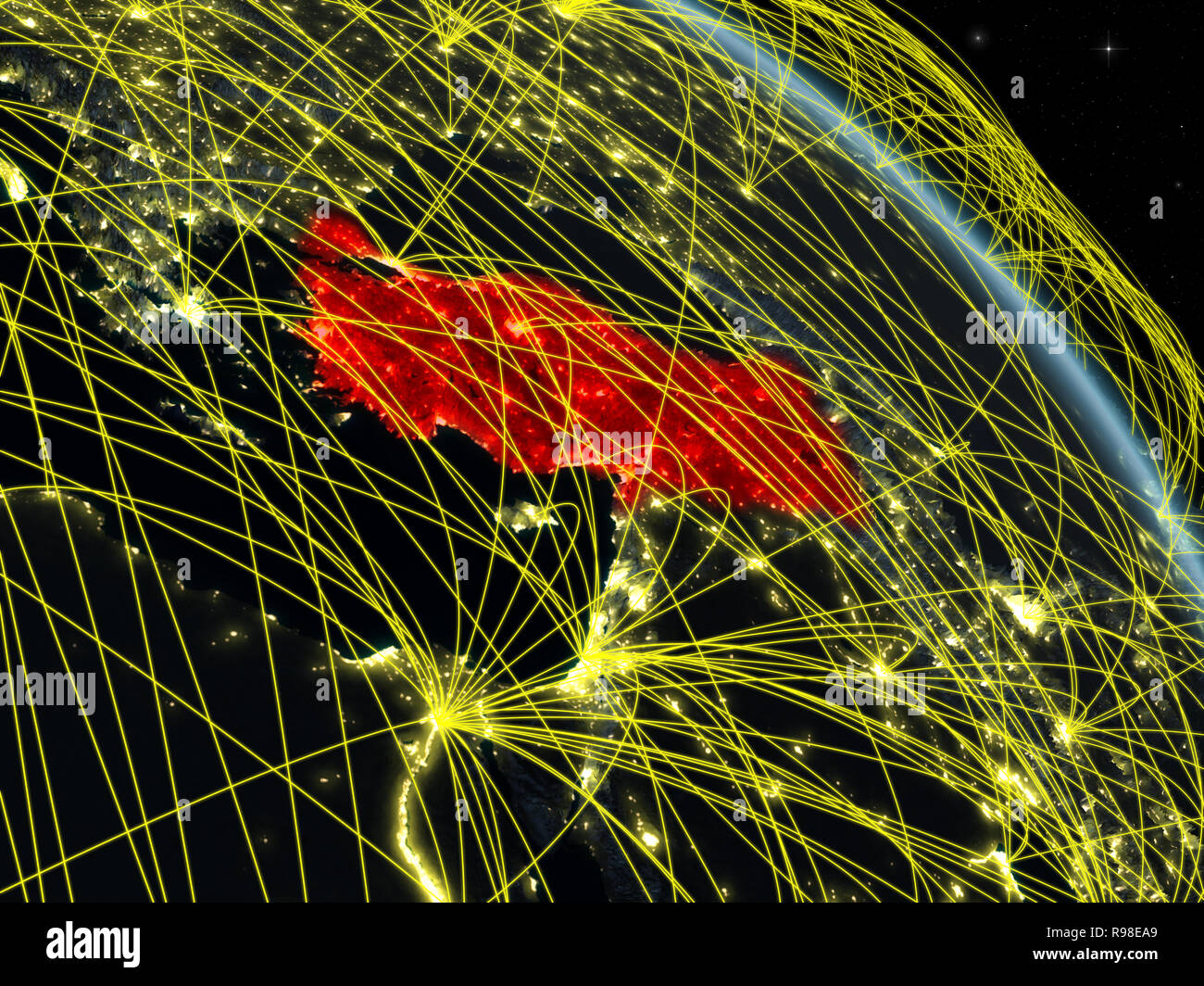 Turkey from space on model of planet Earth at night with network ...