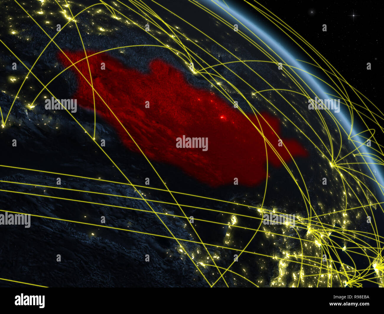 Mongolia from space on model of planet Earth at night with network ...