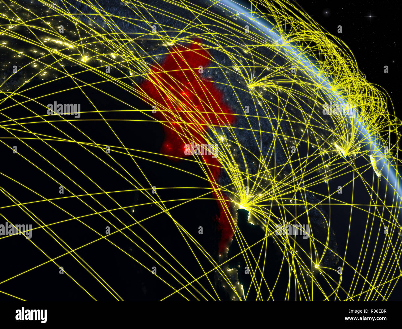 Myanmar from space on model of planet Earth at night with network ...