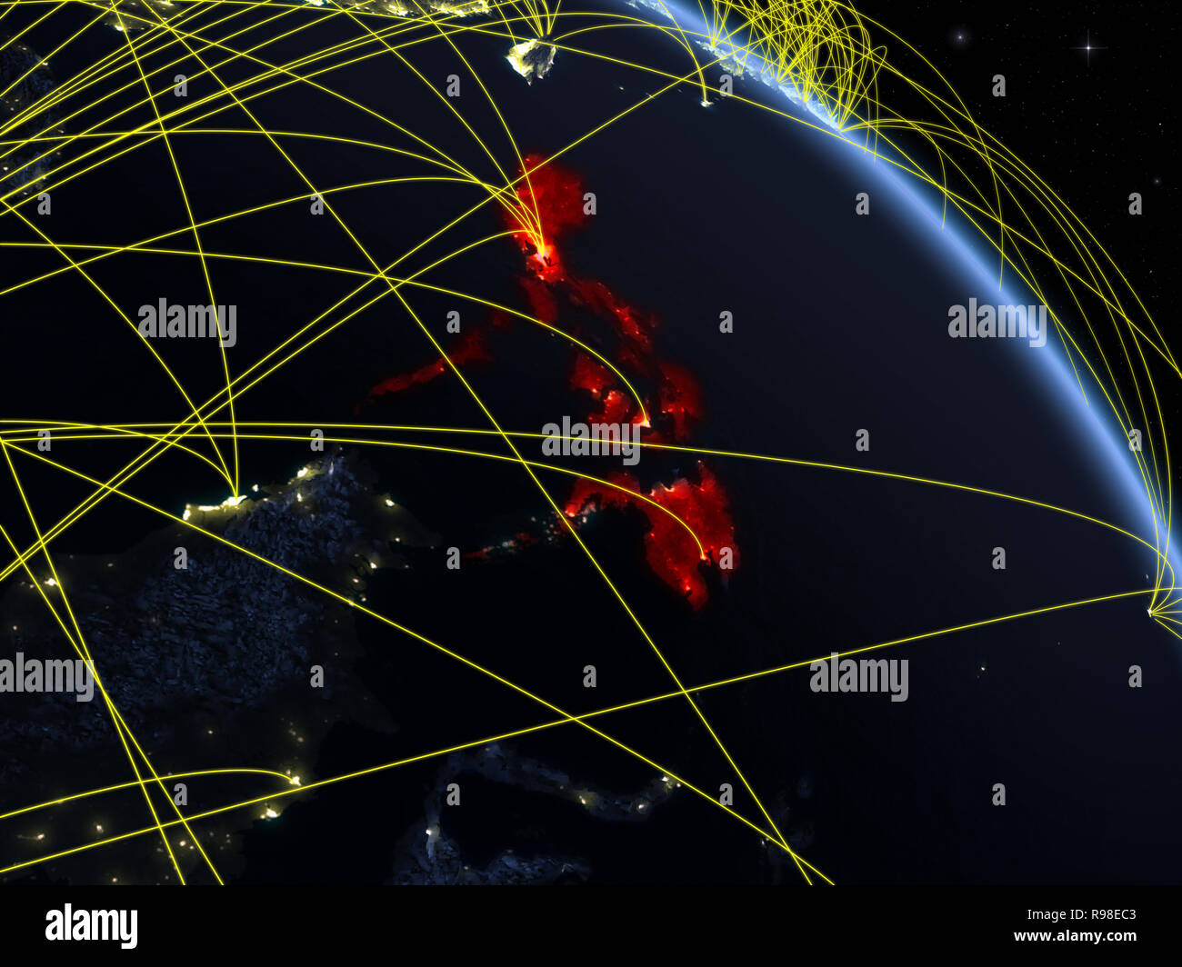 Philippines from space on model of planet Earth at night with network ...