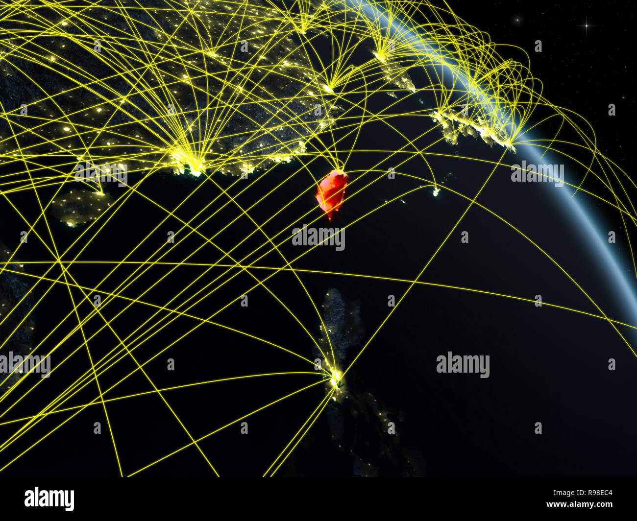 Taiwan from space on model of planet Earth at night with network ...