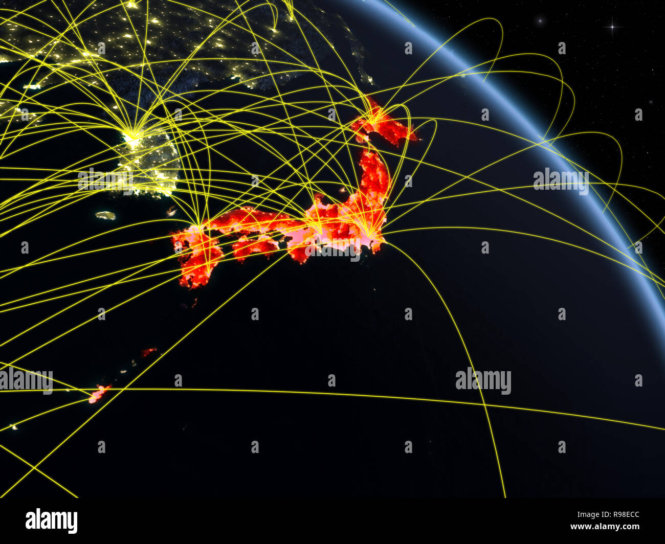 Japan from space on model of planet Earth at night with network ...