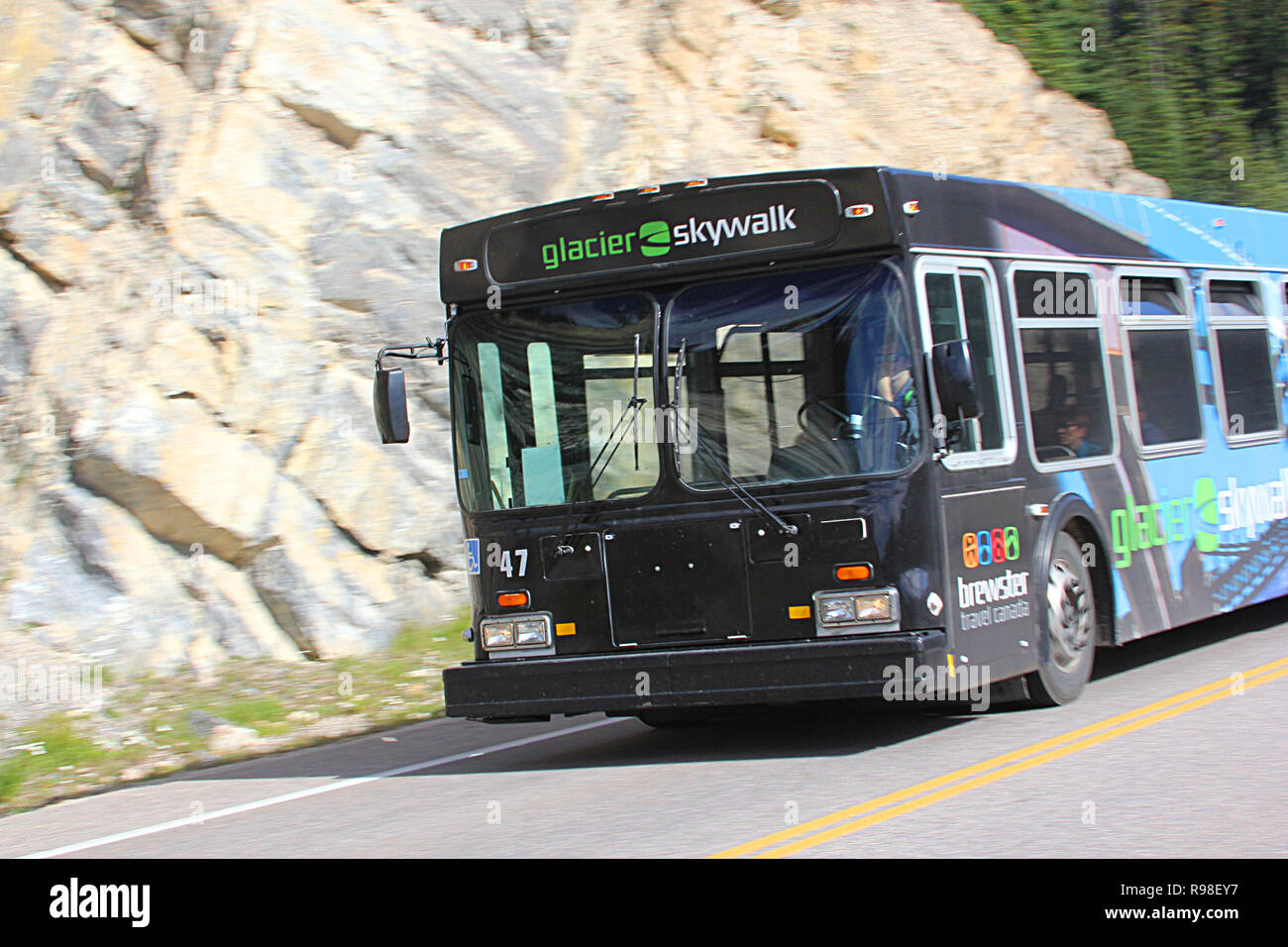 Glacier Skywalk tour bus in Jasper National Park, Alberta, Canada Stock ...