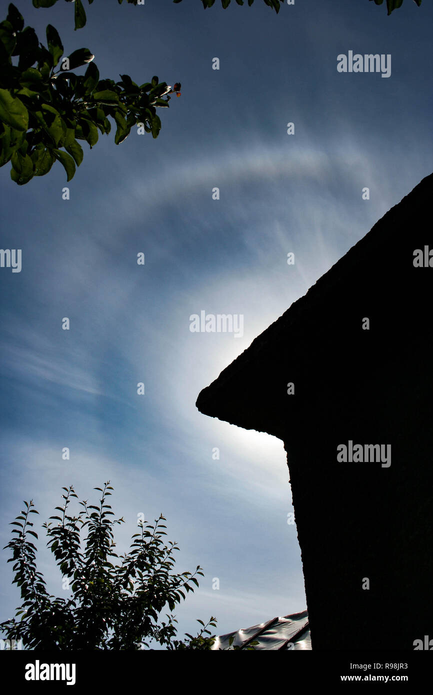Colorful circular halo around the sun. Inside this outer circle another ...