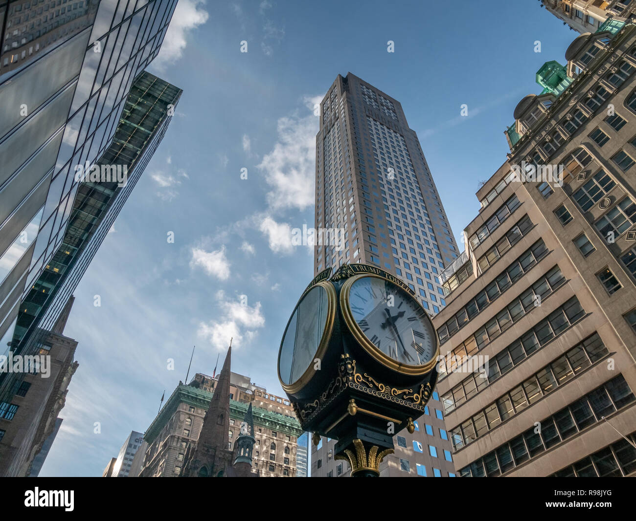 New York City Skyscrappers With the Trump Tower Clock in the Foreground Stock Photo - Alamy