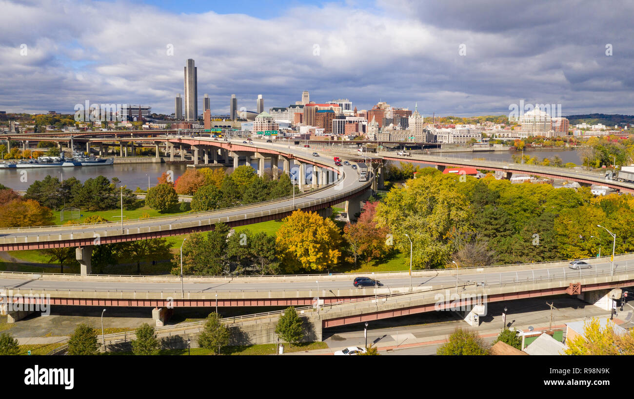 Aerial view Rensselaer NY highway transportation Hudson River flowing ...