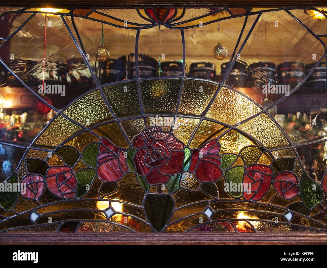 Close-up of beautiful stained glass window with decoration Stock Photo ...