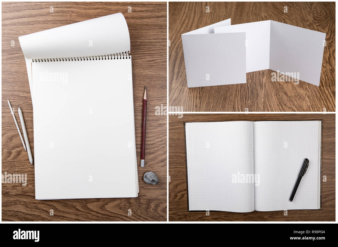 Set of notebooks and booklets on wooden texture. Concept for education ...