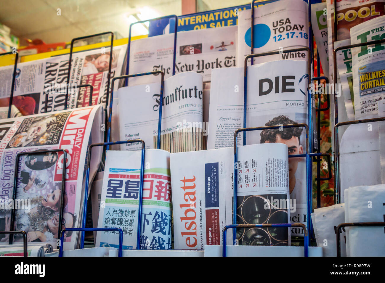 London News stand displaying British and International Daily Newspapers ...