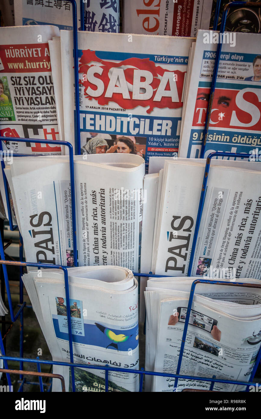 Closeup Head On View Of London Newsstand Displaying International Daily