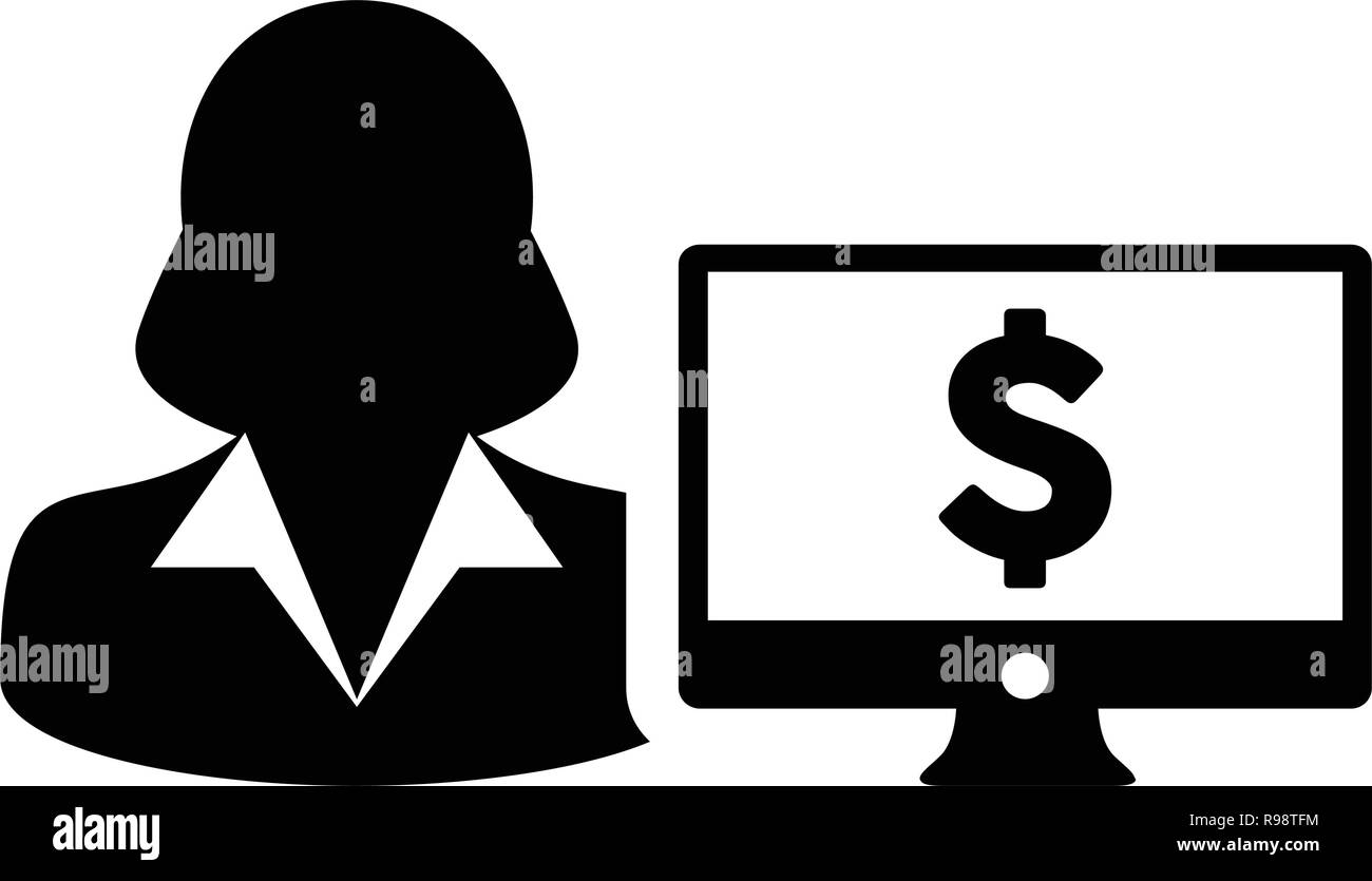 Cash icon vector female user person profile avatar with computer ...