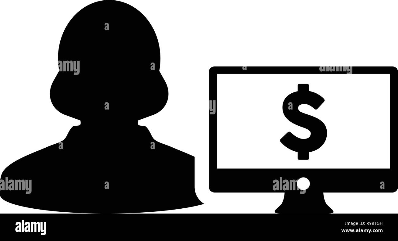 Dollar sign icon vector female user person profile avatar with computer ...