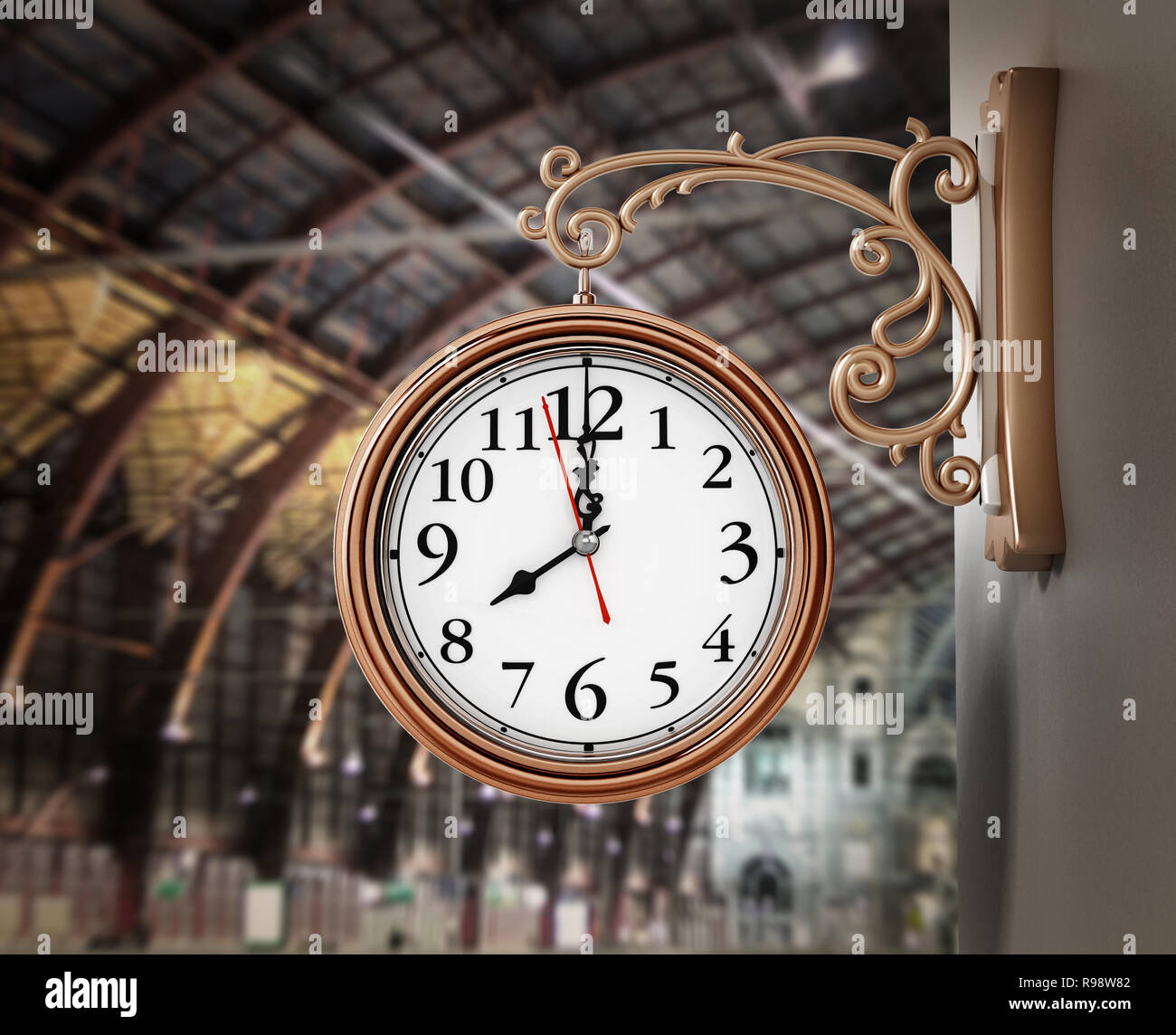 Vintage wall clock on the train station. 3D illustration Stock Photo ...