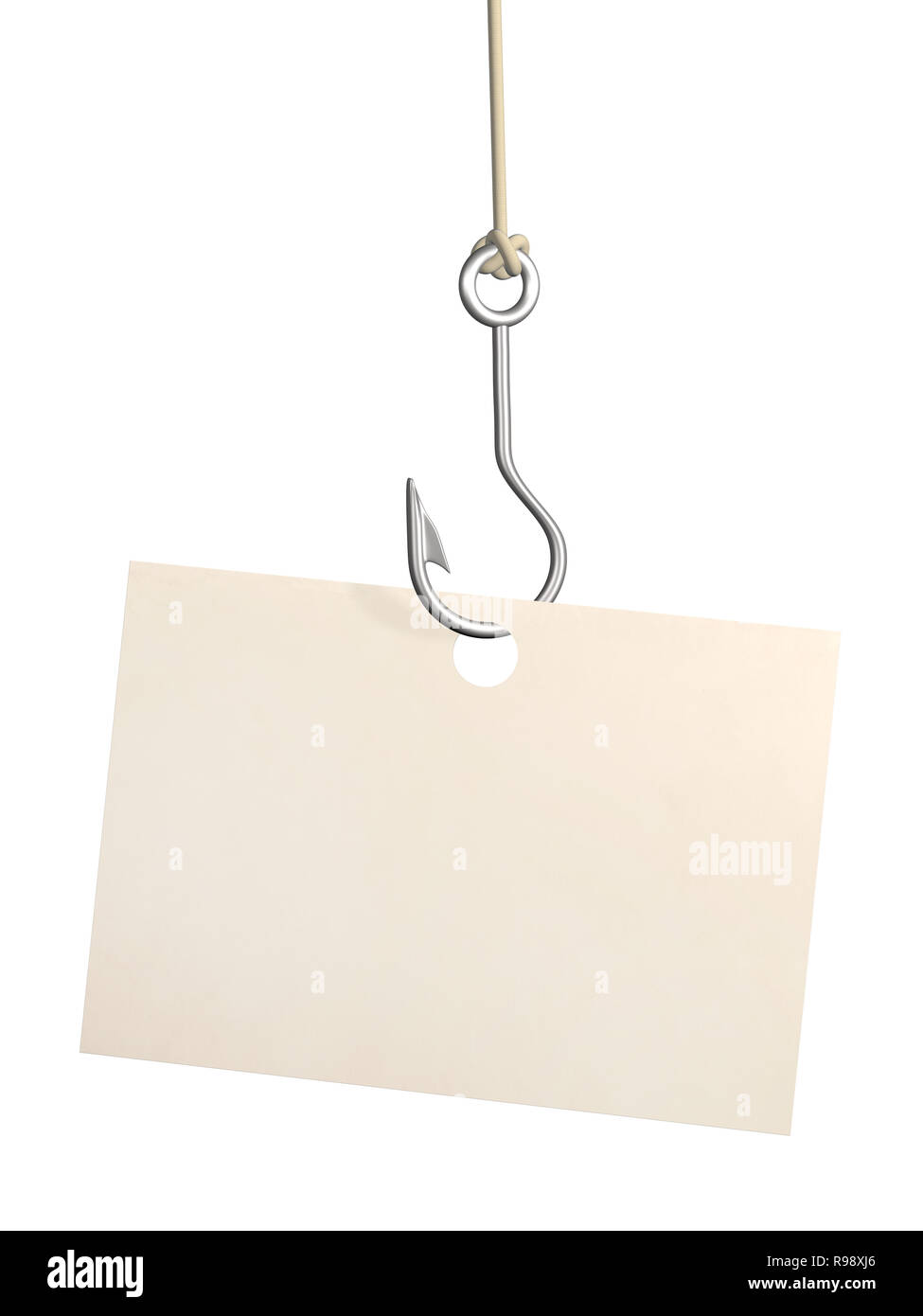Empty sheet of a paper, hanging on a fishing hook. Isolated over white ...