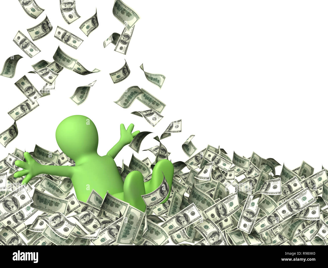Happy puppet and a money rain. Isolated over white Stock Photo - Alamy