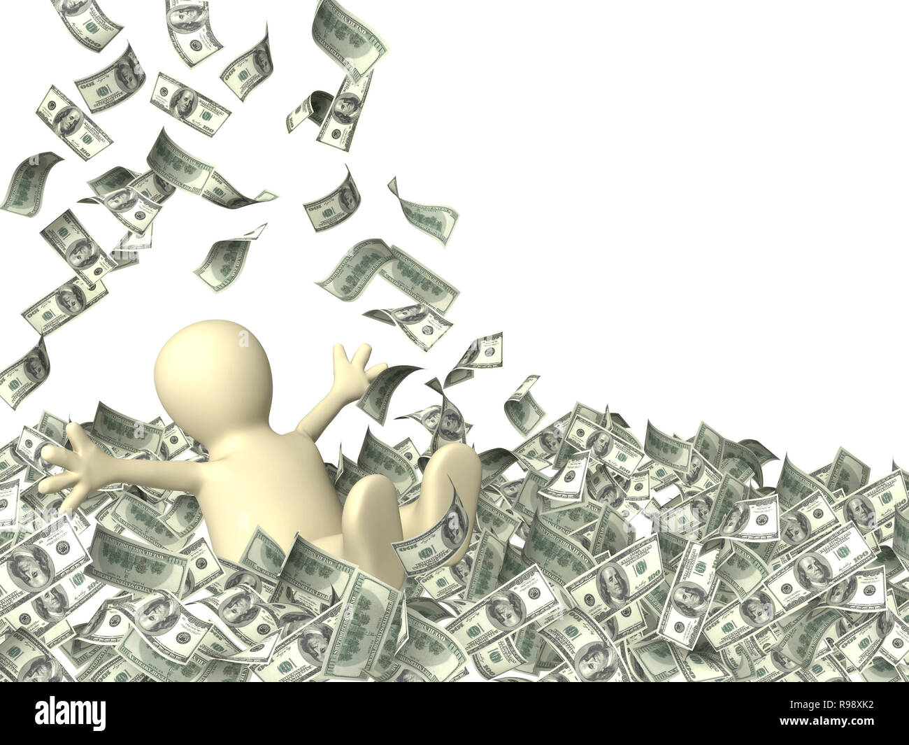 Happy puppet and a money rain. Isolated over white Stock Photo - Alamy