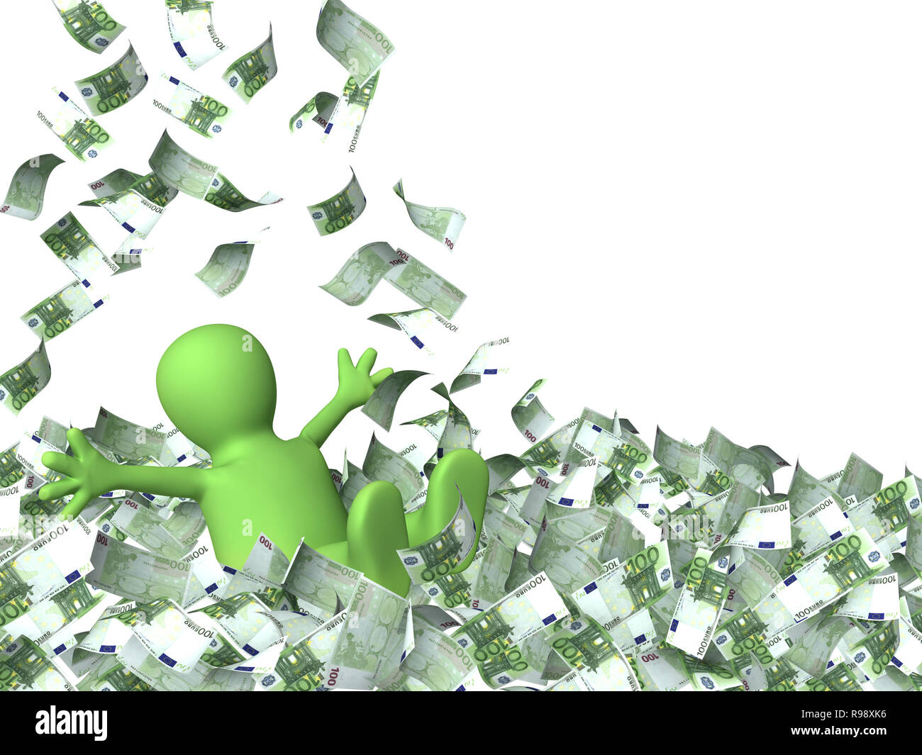 Happy puppet and a money rain. Isolated over white Stock Photo - Alamy