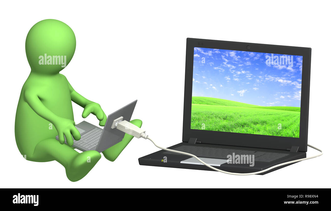 3d puppet, sitting with a laptop. Isolated over white Stock Photo - Alamy