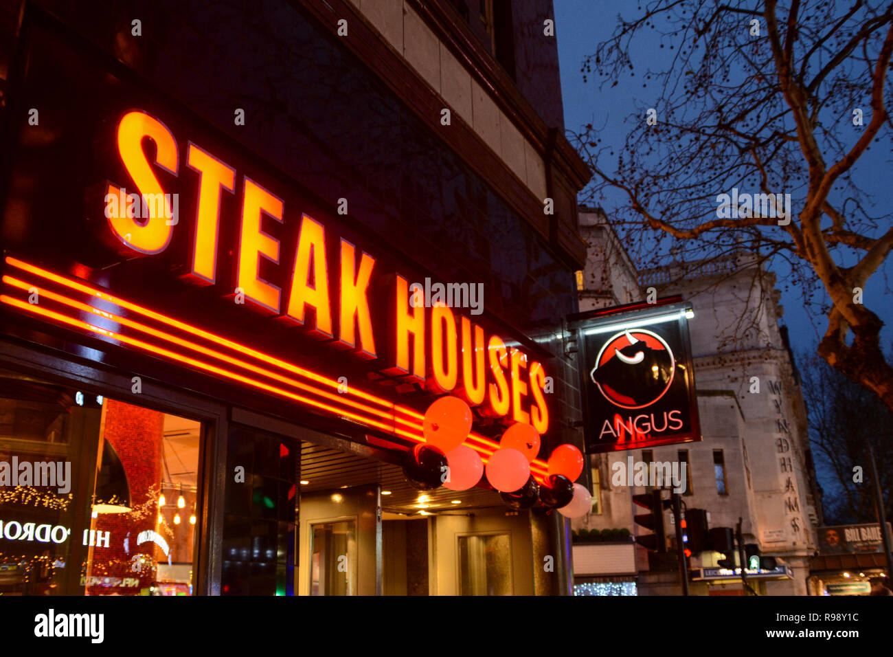 Angus Steak House restaurant and signage on Cranbourn Street in London ...