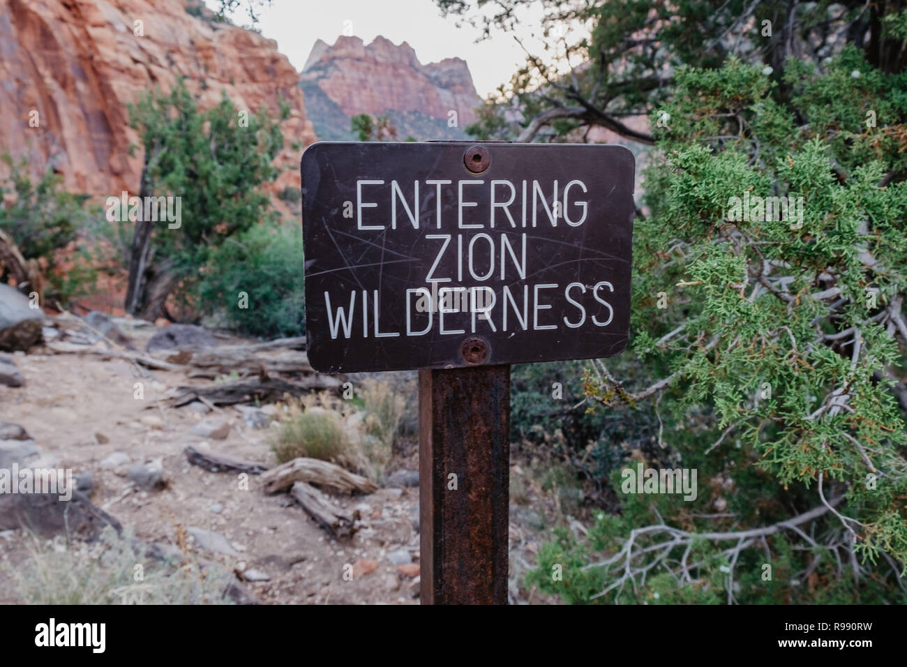 Entering Zion Wilderness trail sign at the Left Fork Trailhead in Zion ...