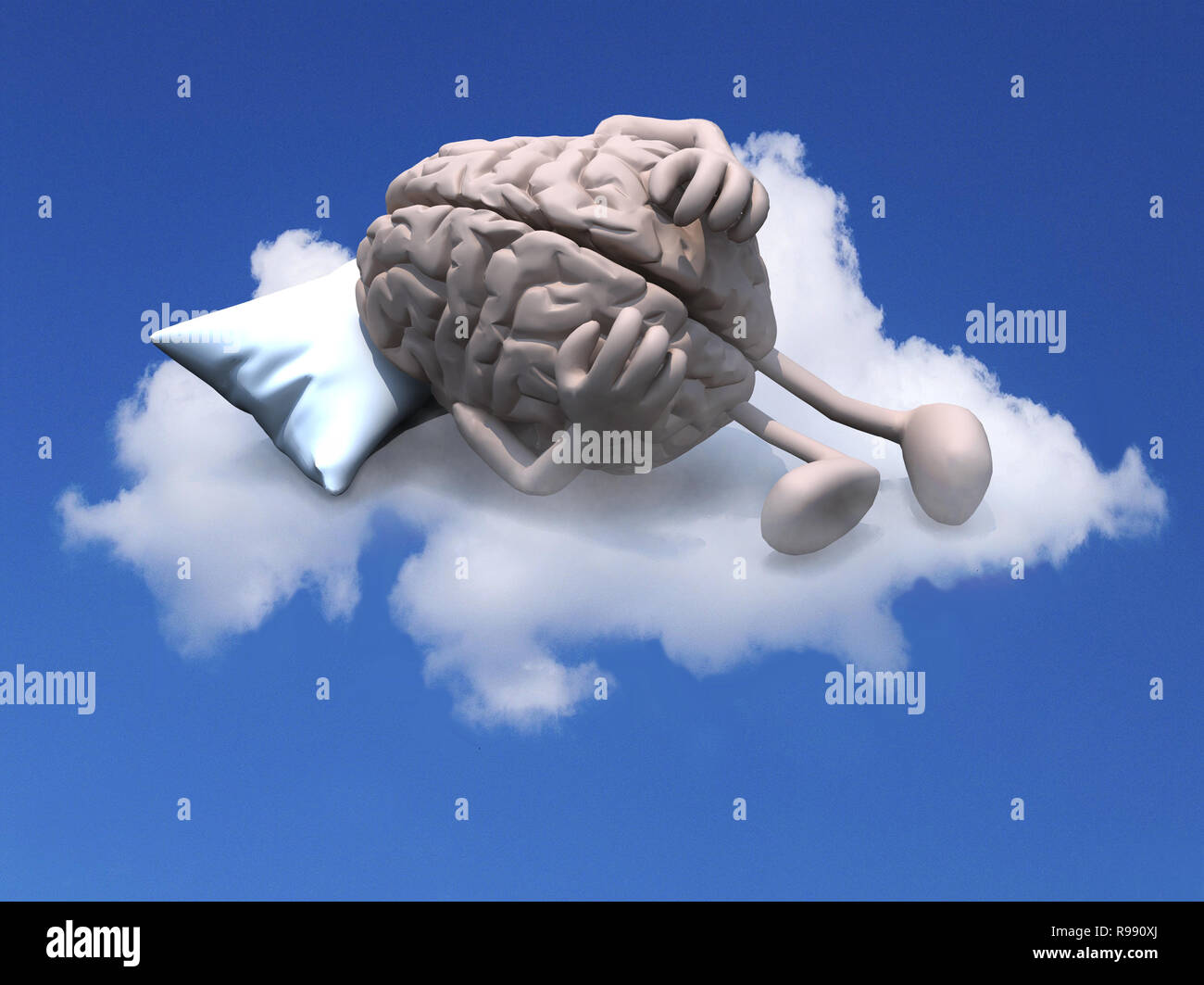human brain with arms and legs resting on a pillow above a cloud, 3d ...