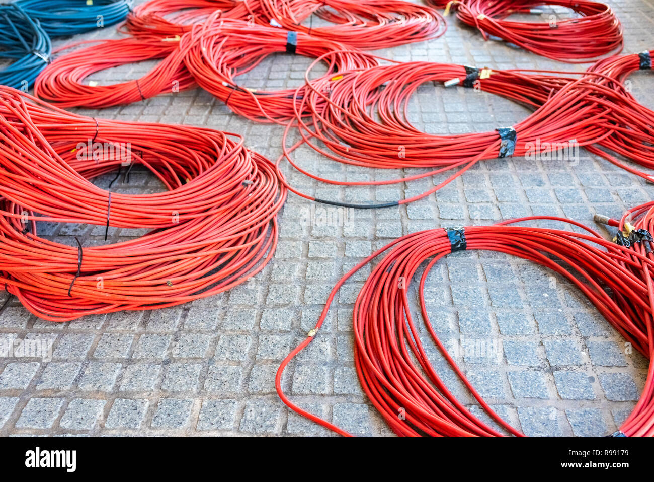 Large rolls of data cables ready to connect television data center ...