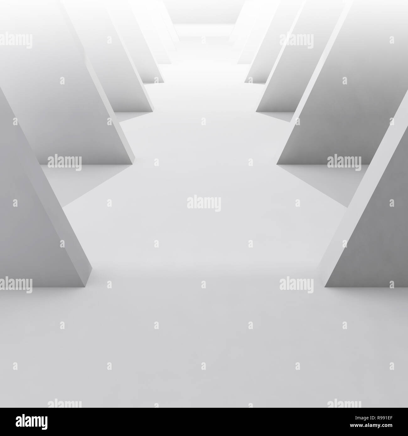 Abstract square white interior background, corridor with hexagonal ...