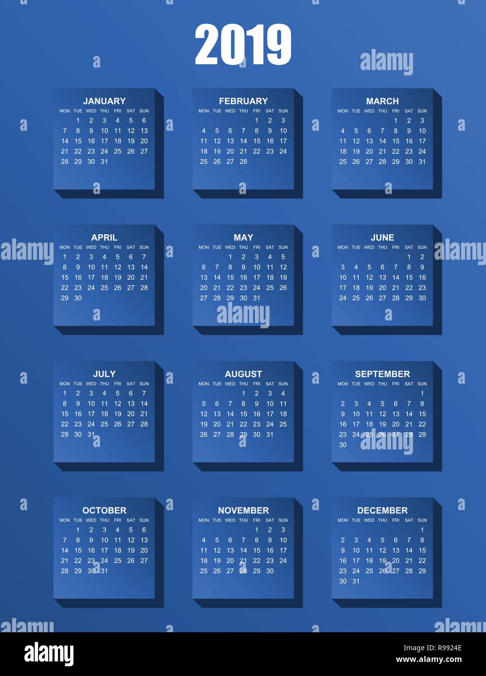 Simple editable vector calendar for year 2019 mondays first Stock ...