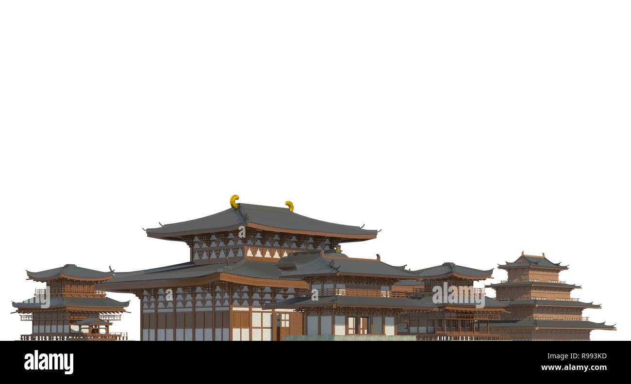 3D illustration old japanese buildings in traditional style isolated on ...