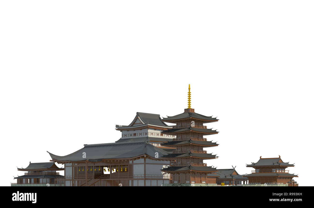 3D illustration old japanese buildings in traditional style isolated on ...