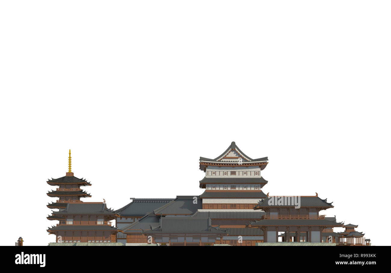 3D illustration old japanese buildings in traditional style isolated on ...