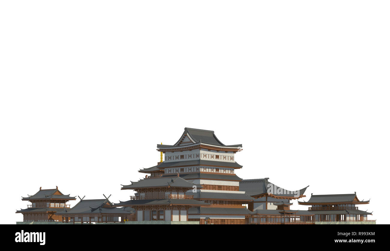3D illustration old japanese buildings in traditional style isolated on ...