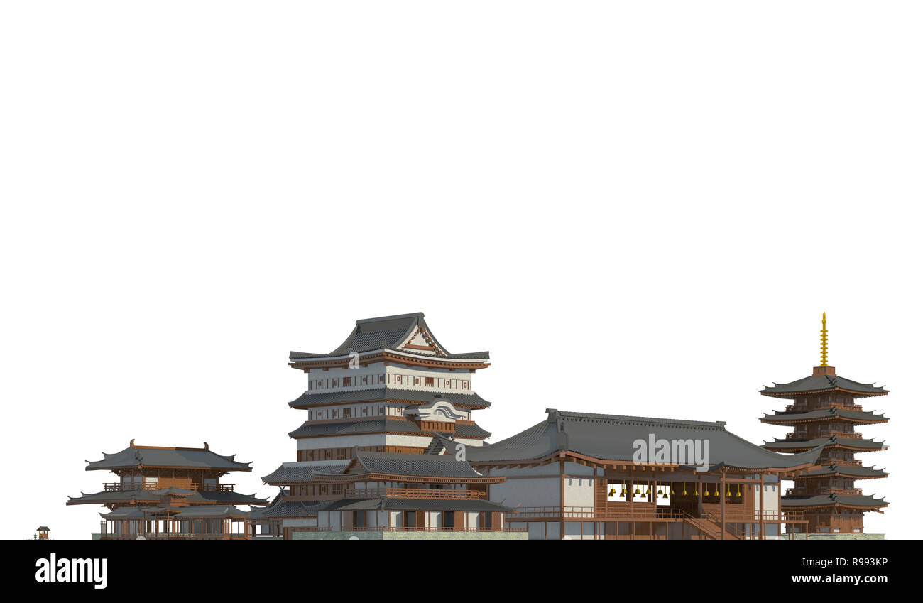 3D illustration old japanese buildings in traditional style isolated on ...
