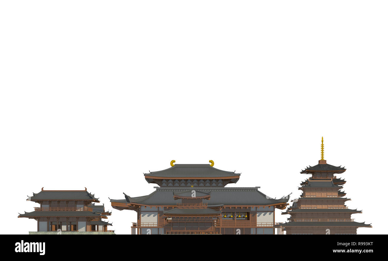 3D illustration old japanese buildings in traditional style isolated on ...