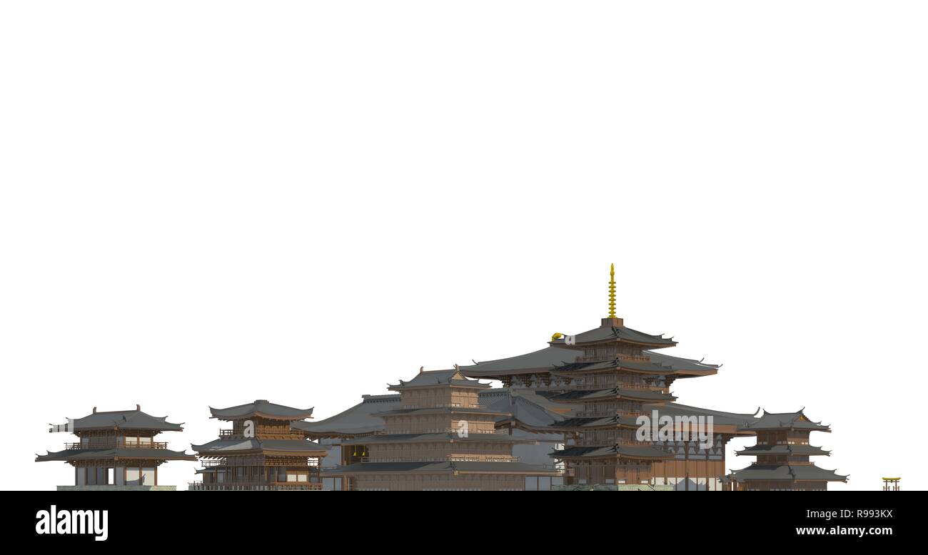 3D illustration old japanese buildings in traditional style isolated on ...