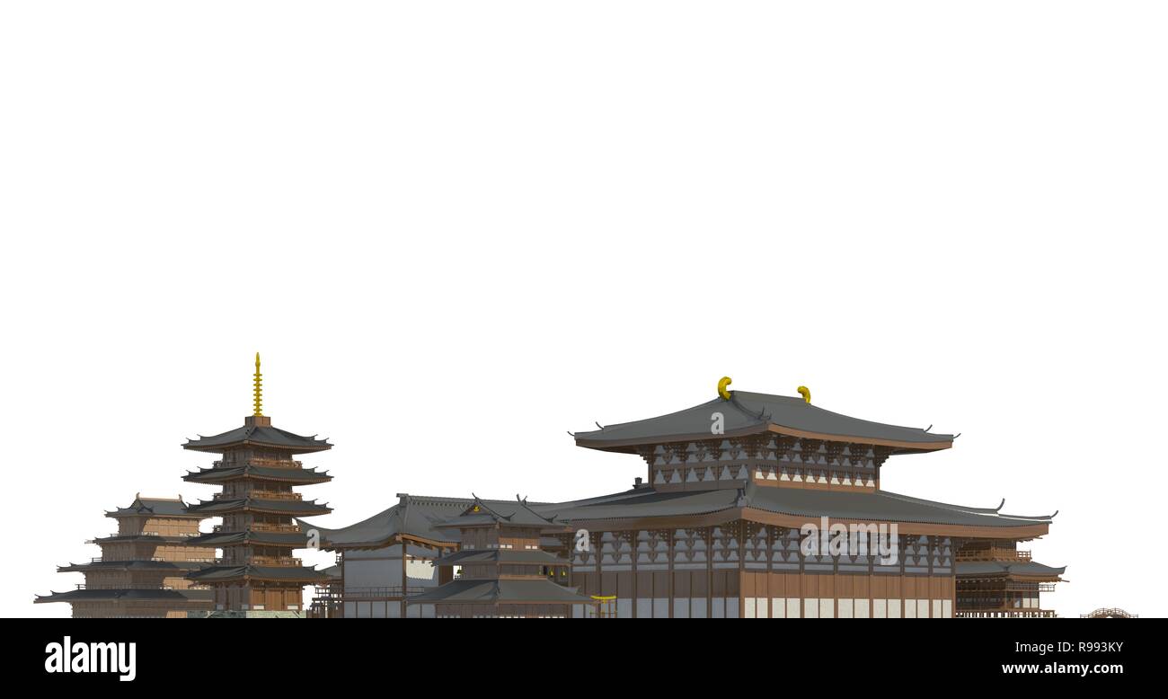 3D illustration old japanese buildings in traditional style isolated on ...