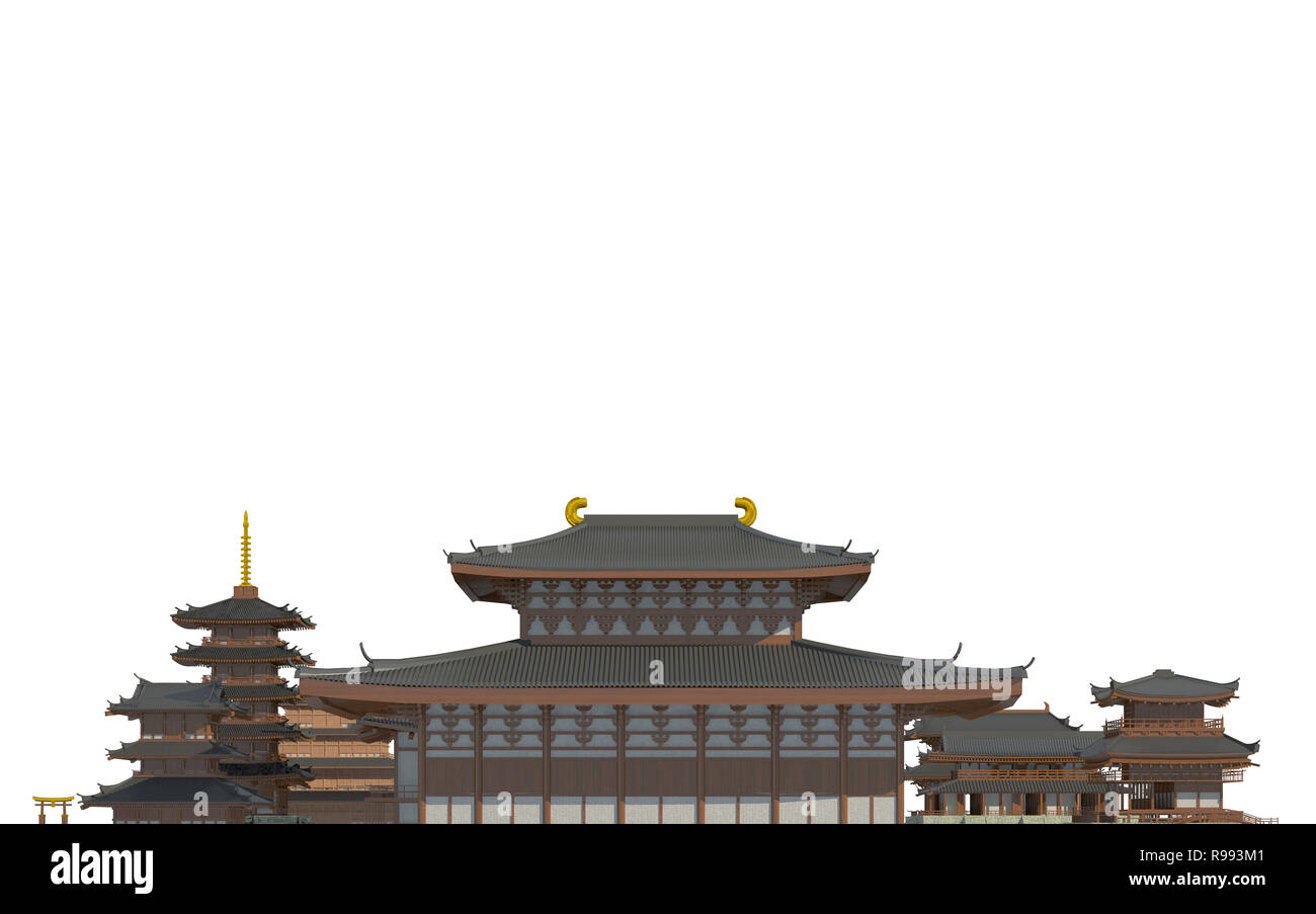 3D illustration old japanese buildings in traditional style isolated on ...
