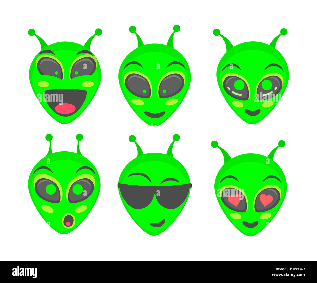 Alien face emoji. Alien green head. Humanoid illustration set Stock ...